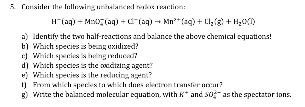 Solved Consider the following unbalanced redox | Chegg.com