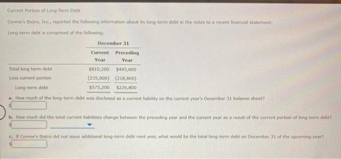 Solved Current Portion of Long-Term Debt Connie's Bistro, | Chegg.com