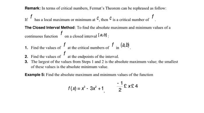 Solved Remark: In terms of critical numbers, Fermat's | Chegg.com