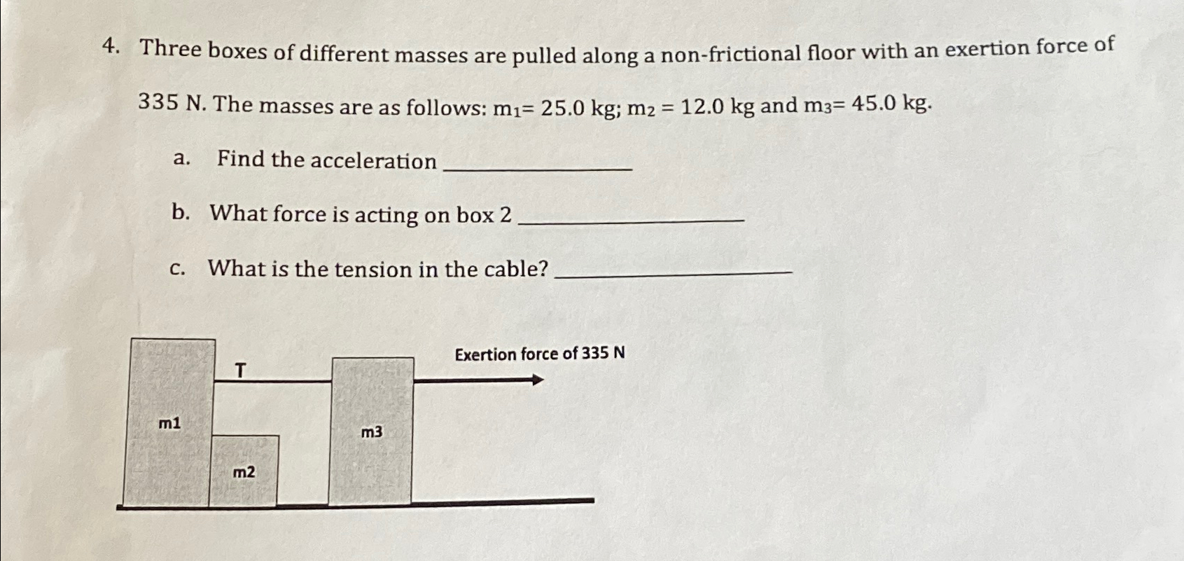 Solved Three boxes of different masses are pulled along a | Chegg.com