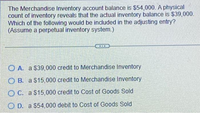 Solved The Merchandise Inventory account balance is $54,000. | Chegg.com