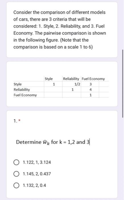 Solved Consider the comparison of different models of cars, | Chegg.com