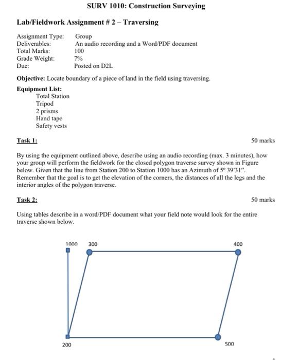 SURV 1010: Construction Surveying Lab/Fieldwork | Chegg.com