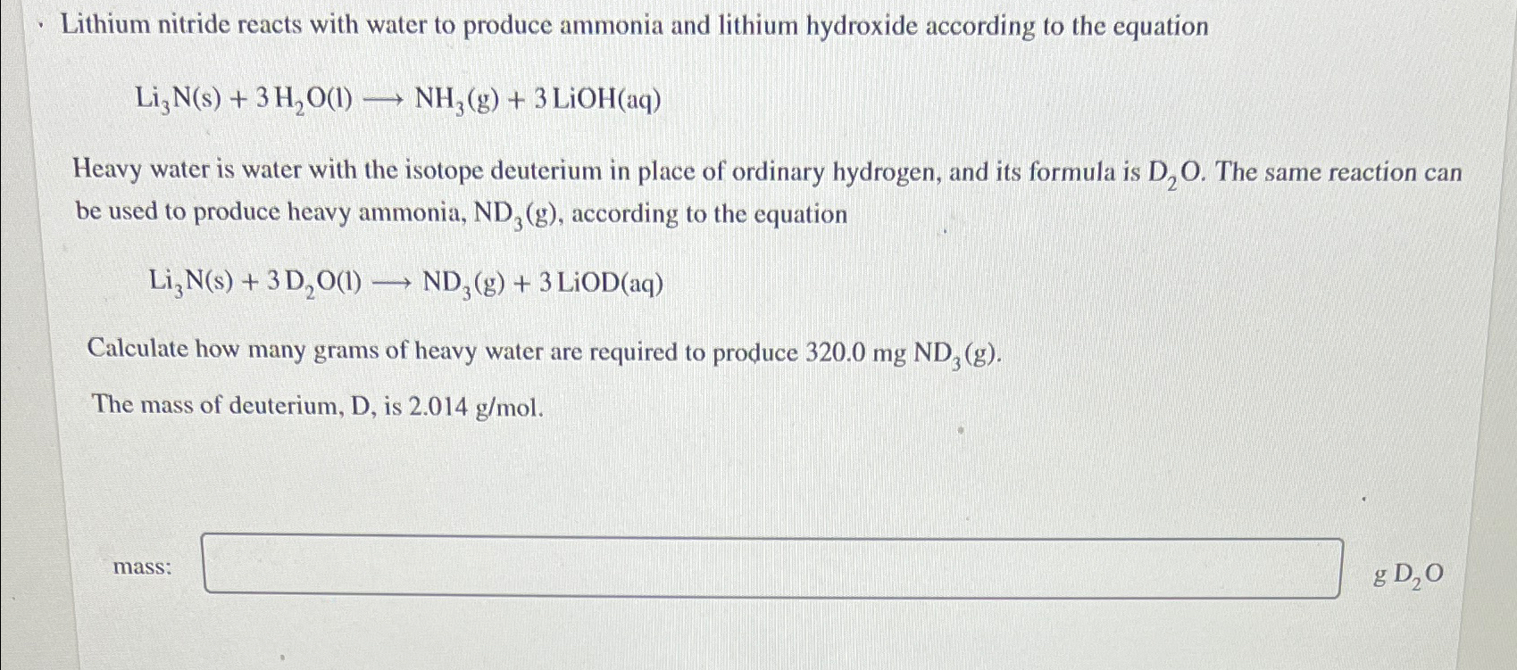 Solved Lithium nitride reacts with water to produce ammonia | Chegg.com
