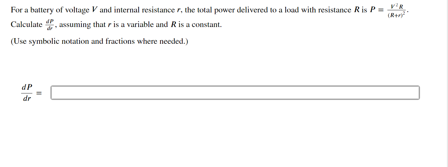 Solved For a battery of voltage V ﻿and internal resistance | Chegg.com