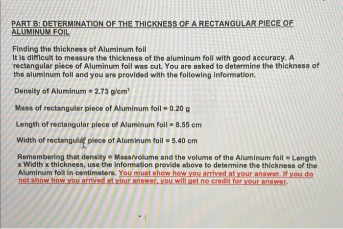 Solved PART B: DETERMINATION OF THE THICKNESS OF A | Chegg.com