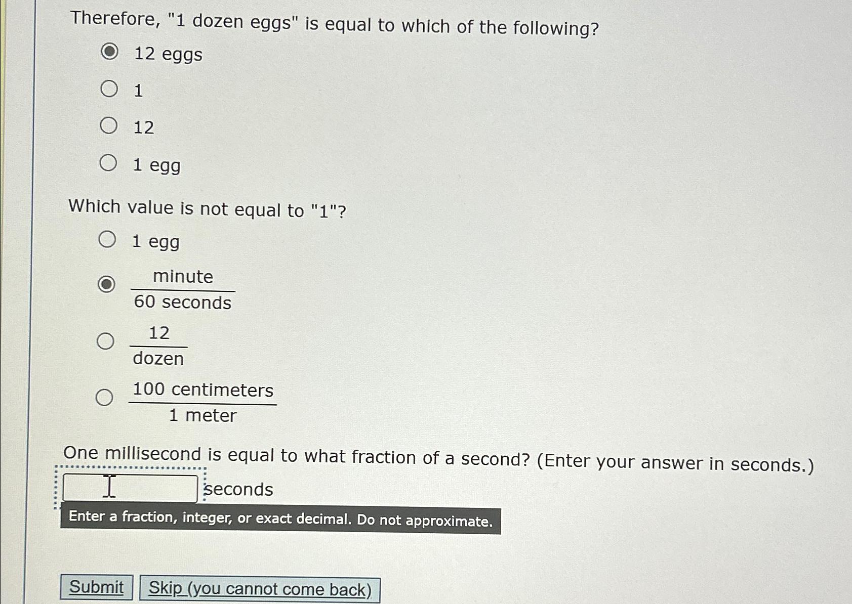 Solved Therefore, "1 ﻿dozen eggs" is equal to which of the | Chegg.com
