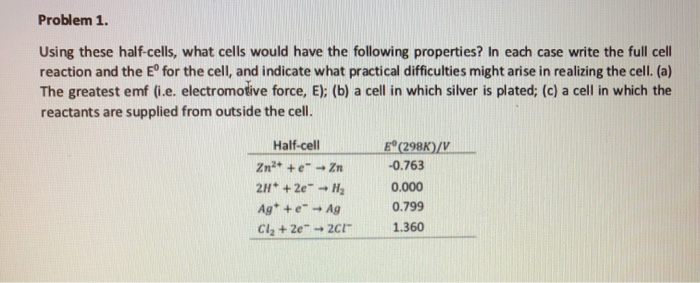 Solved Problem 1. Using these half-cells, what cells would | Chegg.com