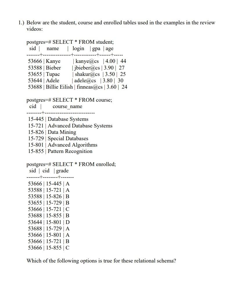 Solved 1.) Below are the student, course and enrolled tables | Chegg.com