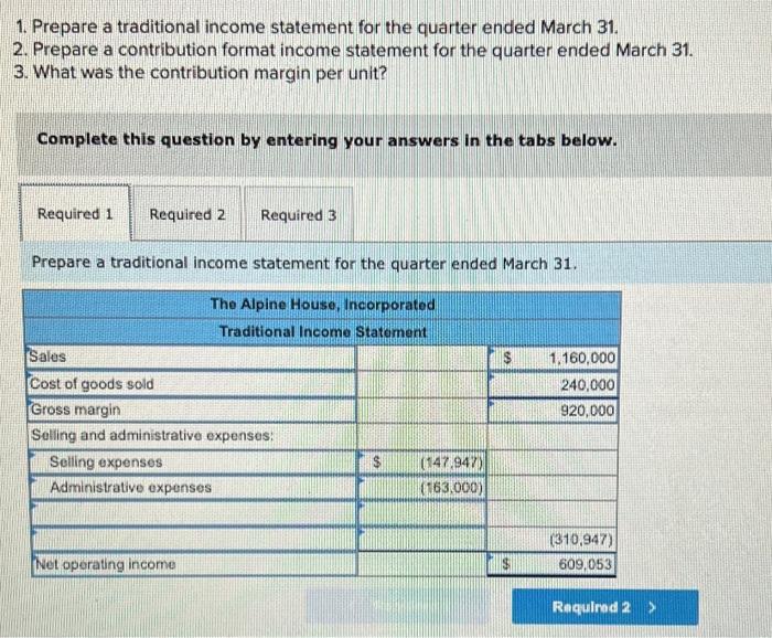 Solved 1. Prepare a traditional income statement for the | Chegg.com
