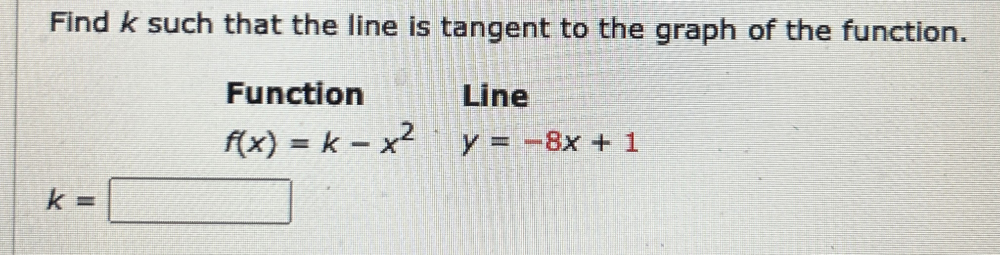 Solved Find k ﻿such that the line is tangent to the graph of | Chegg.com