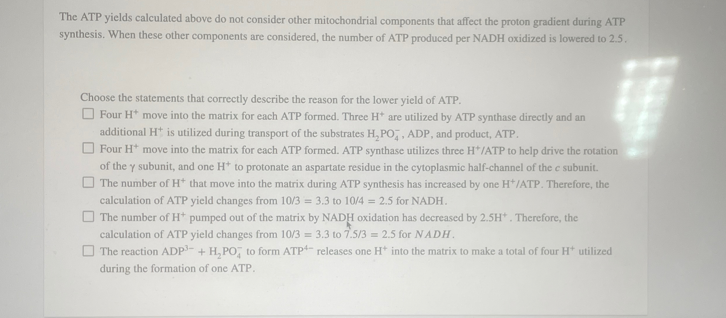 Solved The ATP yields calculated above do not consider other | Chegg.com