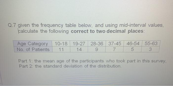 Solved Q.7 given the frequency table below, and using | Chegg.com