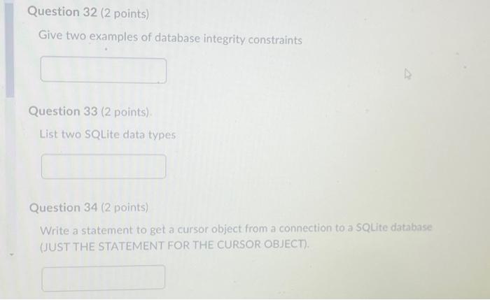 Solved Question 32 (2 points) Give two examples of database | Chegg.com Solved Question 32 (2 points) Give two examples of database | Chegg.com