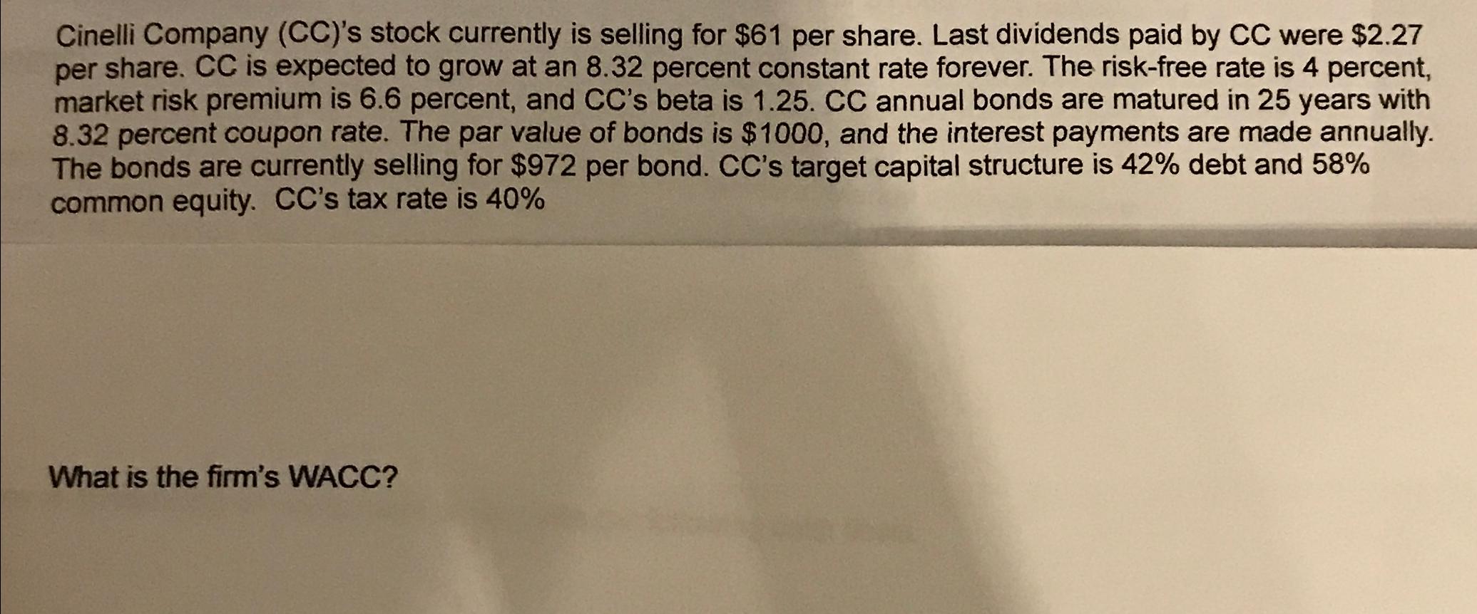 Solved Cinelli Company (CC)'s stock currently is selling for | Chegg.com