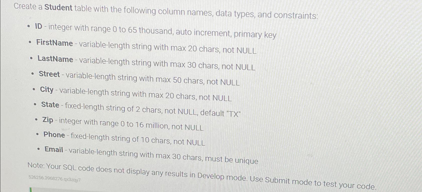 Solved Create a Student table with the following column | Chegg.com
