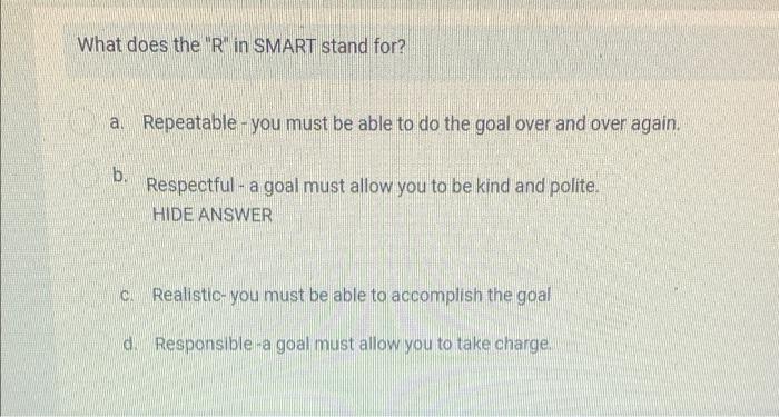 Solved What does the "R" in SMART stand for? a. Repeatable - | Chegg.com