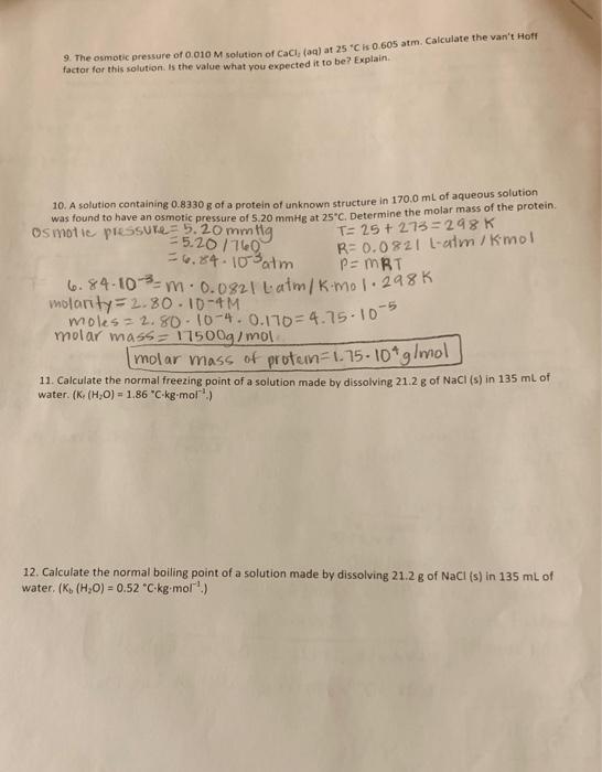 Solved 9. The osmotic pressure of 0.010M solution of CaCl2 | Chegg.com