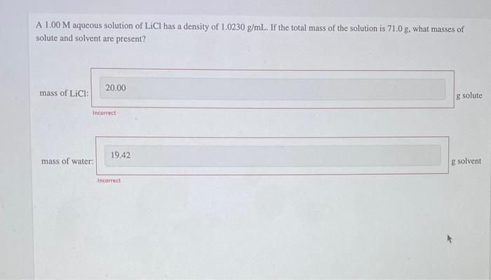 Solved A 100 M aqueous solution of LiCl has a density of | Chegg.com