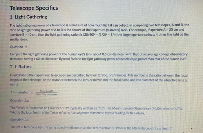 Solved Telescope Specifics 1. Light Gathering The light | Chegg.com