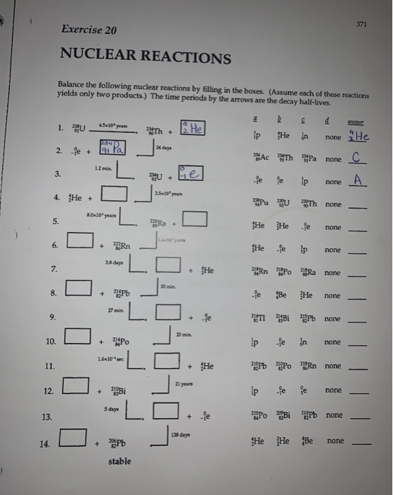 Solved 371 Exercise 20 NUCLEAR REACTIONS Balance the | Chegg.com