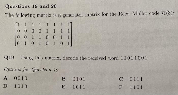 Questions 19 and 20 The following matrix is a | Chegg.com