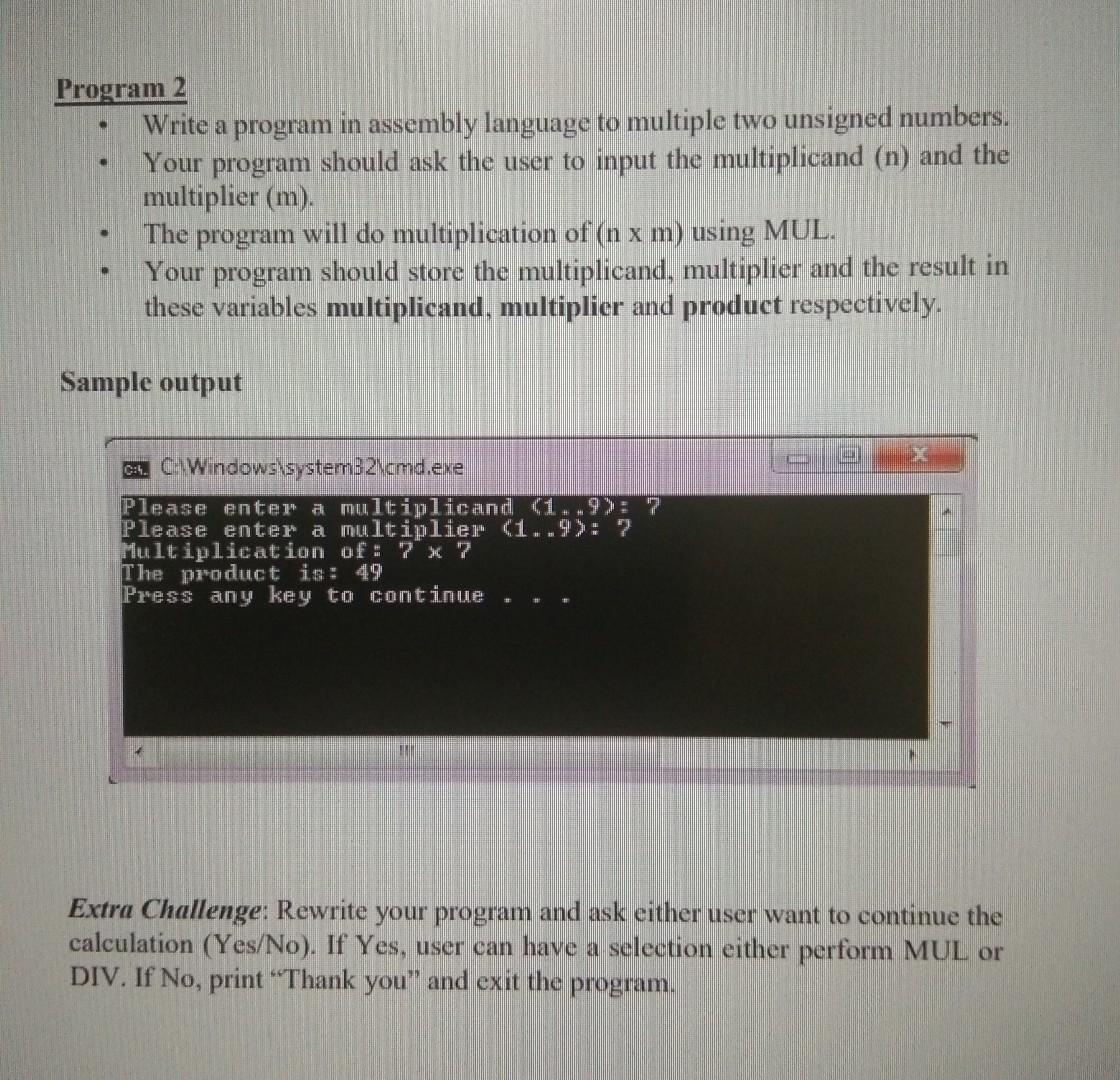 Solved Program 2 Write a program in assembly language to | Chegg.com