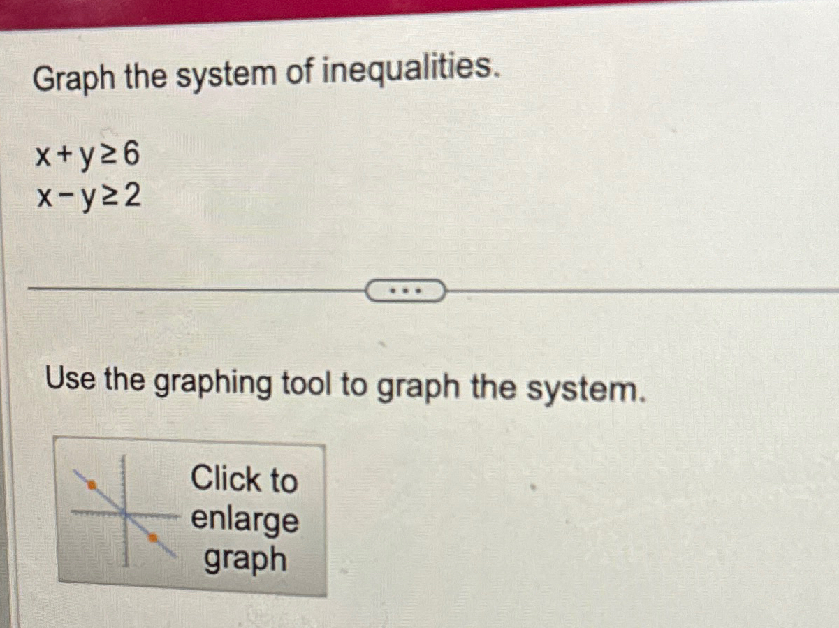 Solved Graph the system of inequalities.x+y≥6x-y≥2Use the | Chegg.com