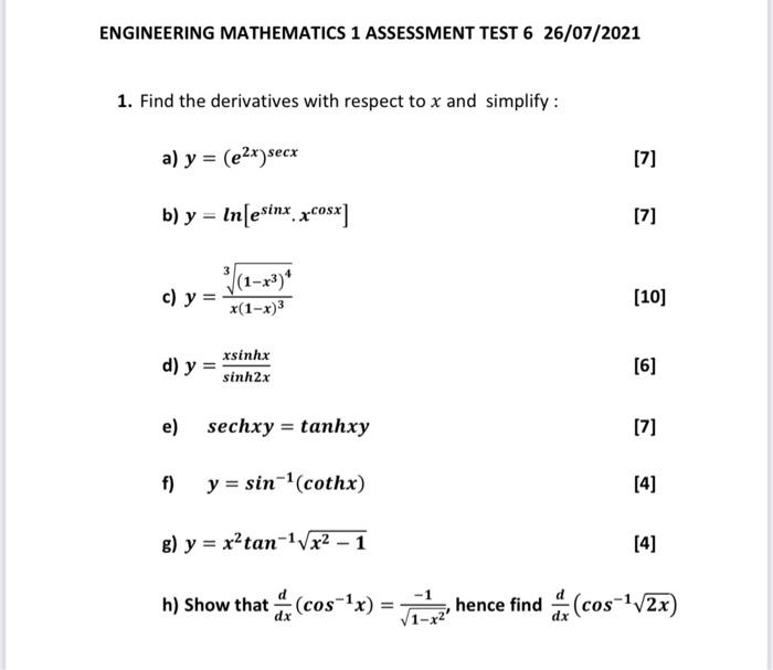 Solved ENGINEERING MATHEMATICS 1 ASSESSMENT TEST 6 | Chegg.com