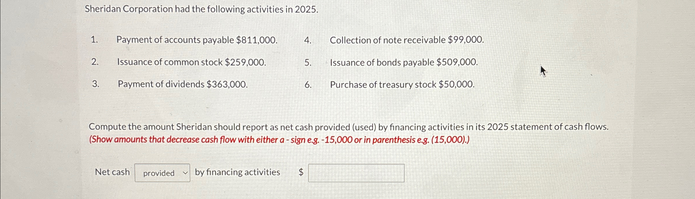 Solved Sheridan Corporation had the following activities in | Chegg.com