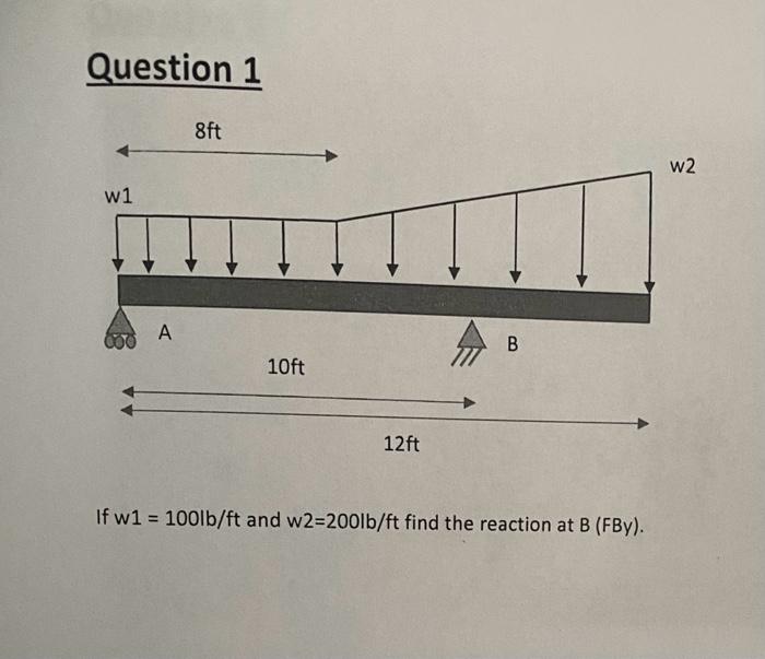 Solved Ouestion 1 If w1=100lb/ft and w2=200lb/ft find the | Chegg.com