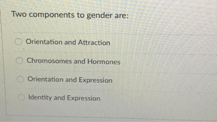 Solved Two components to gender are: Orientation and | Chegg.com