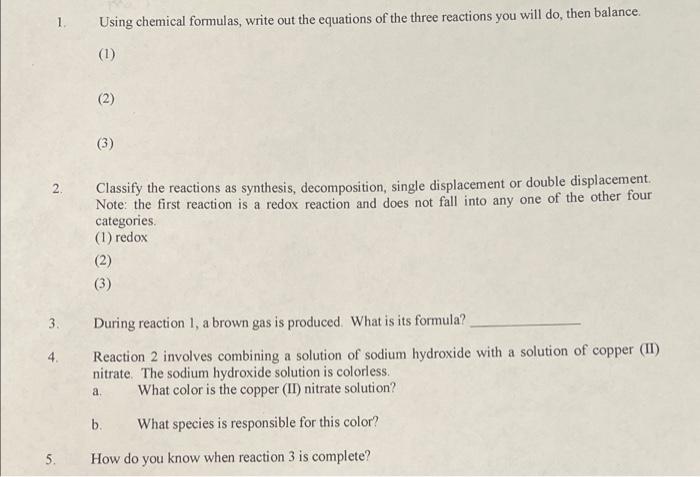 Solved THREE CHEMICAL REACTIONS Pre-lab Assignment Using | Chegg.com