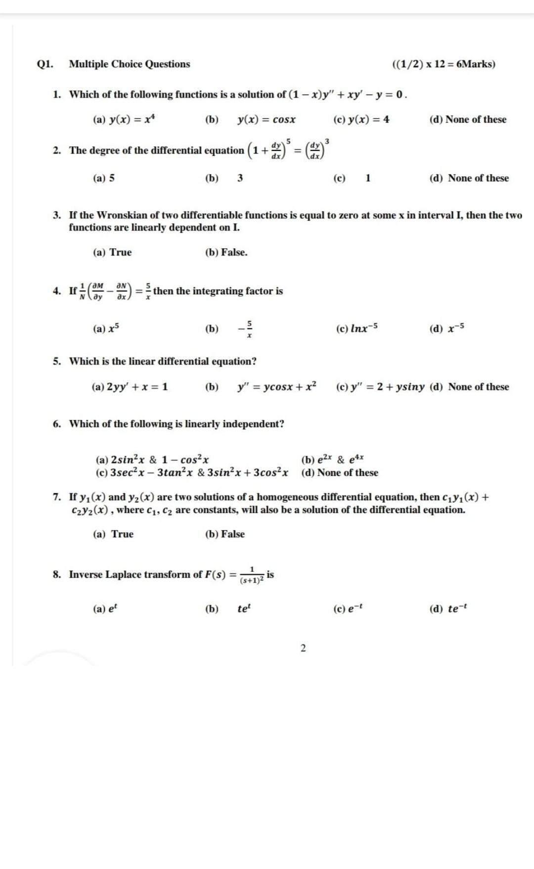 Solved Q1. Multiple Choice Questions 1. Which of the | Chegg.com