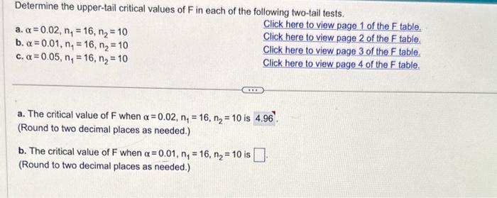 Solved Determine the upper-tail critical values of F in each | Chegg.com