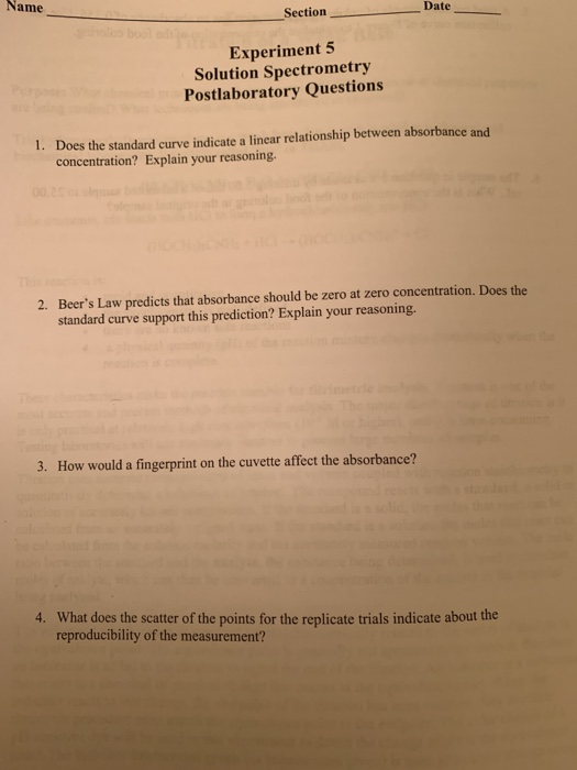 Solved Name Date Section Experiment 5 Solution Spectrometry | Chegg.com