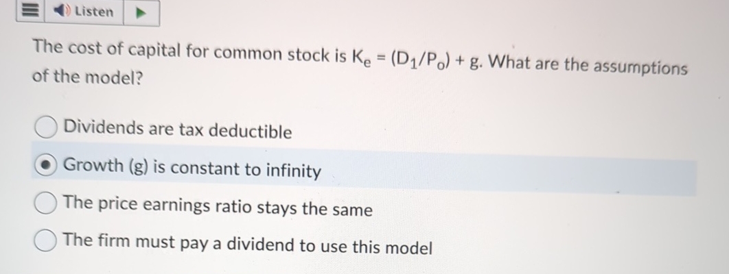 Solved ListenThe cost of capital for common stock is | Chegg.com