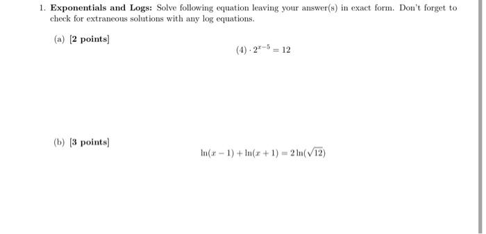 Solved 1. Exponentials and Logs: Solve following equation | Chegg.com