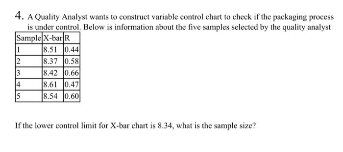 Solved 4. A Quality Analyst wants to construct variable | Chegg.com