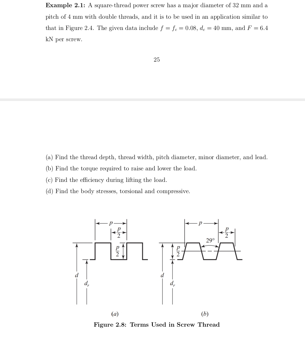 Solved Example 2.1: A square-thread power screw has a major | Chegg.com