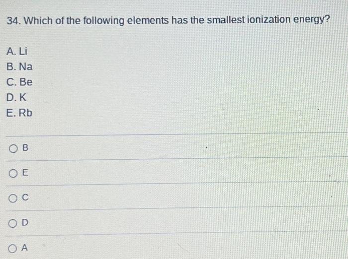 Solved 34. Which of the following elements has the smallest | Chegg.com