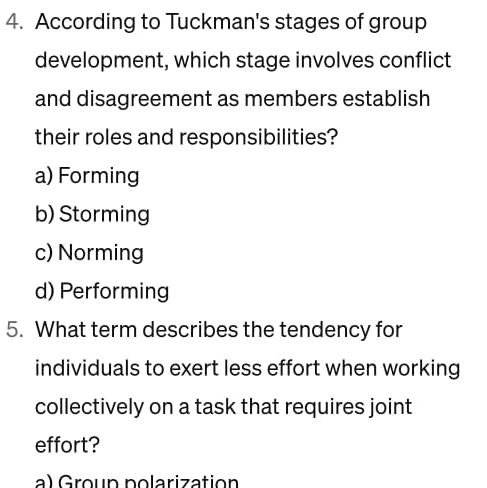 According to Tuckman's stages of group development, | Chegg.com