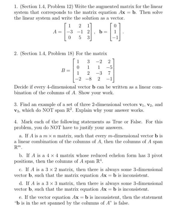 Solved 1. (Section 1.4, Problem 12) Write the augmented | Chegg.com