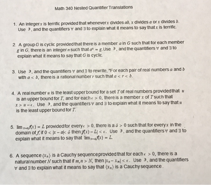 Solved Math 340 Nested Quantifier Translations 1. An | Chegg.com