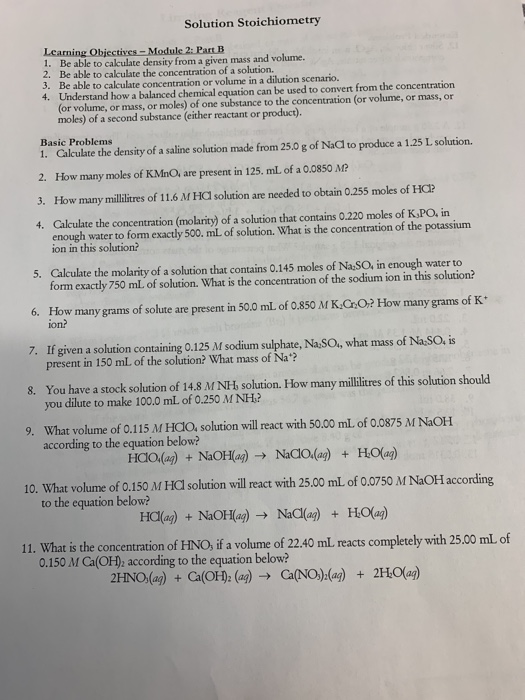 Solved Solution Stoichiometry Learning Objectives - Module | Chegg.com