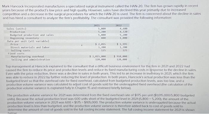 Mark Hancock Incorporated manufactures a specialized | Chegg.com