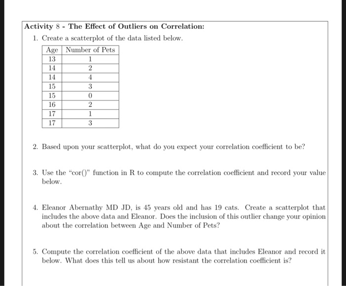 Solved Activity 8 - The Effect of Outliers on Correlation: | Chegg.com