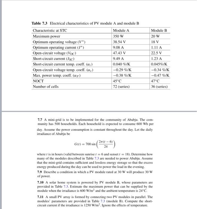 Solved Table 7.3 Electrical characteristics of PV module A | Chegg.com