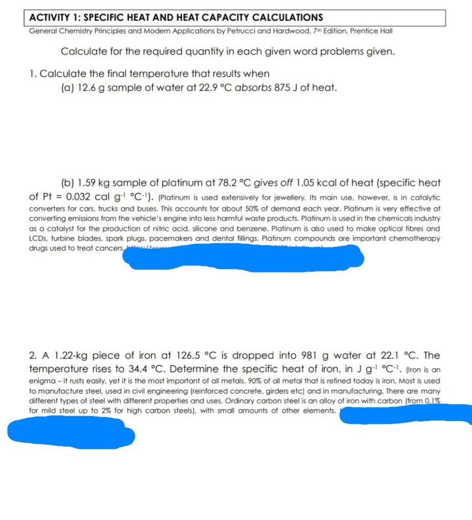 Solved ACTIVITY 1: SPECIFIC HEAT AND HEAT CAPACITY | Chegg.com
