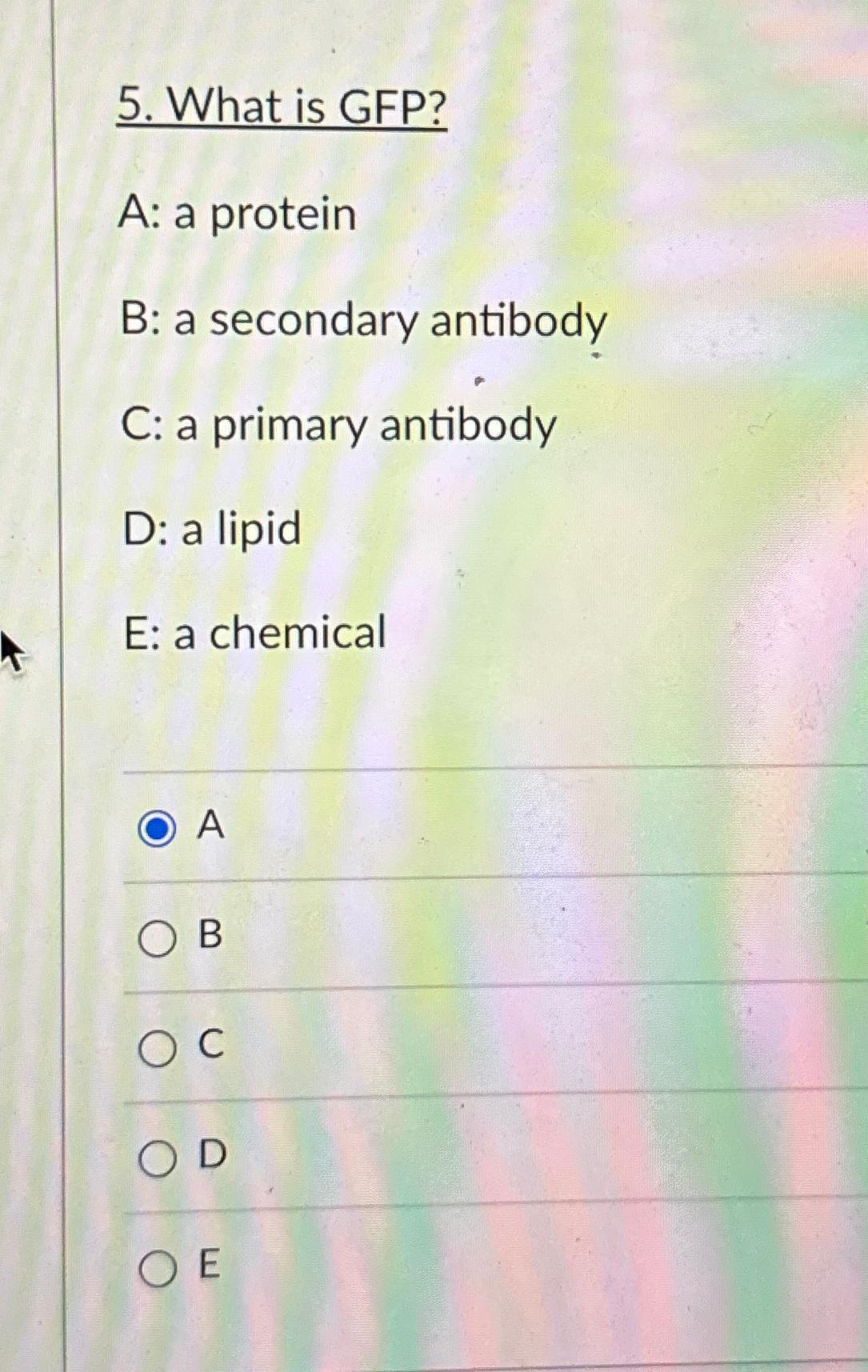 Solved What is GFP?A: a proteinB: a secondary antibodyC: a | Chegg.com